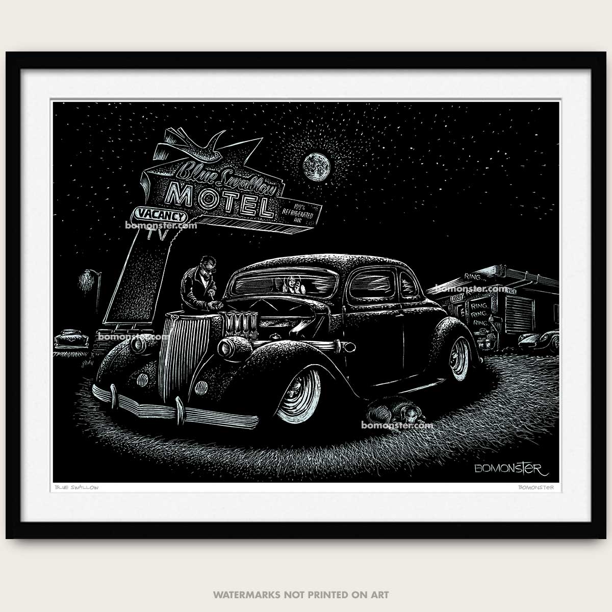 Signed 11x17" Route 66 Litho Art Print "Blue Swallow" – BOMONSTER