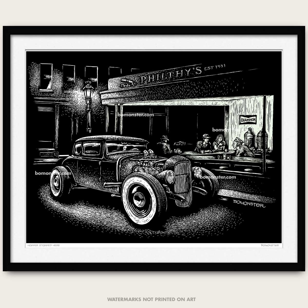 Signed 11x17" Hot Rod Litho Art Print "Hopper Stopped Here" – BOMONSTER